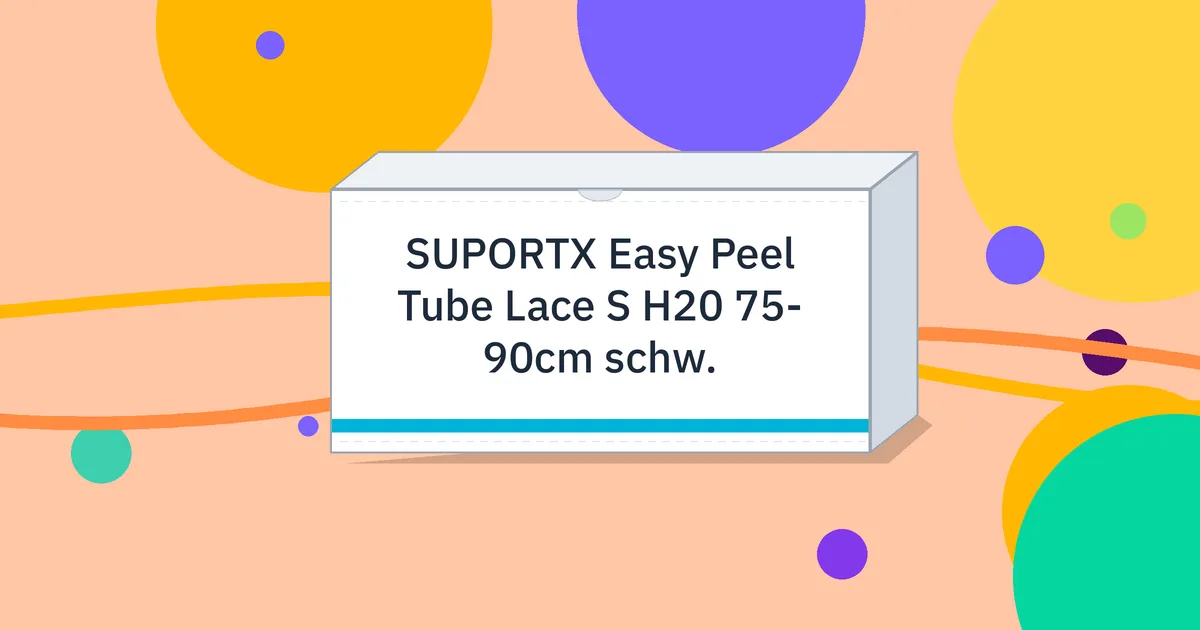 Symbolbild: Packung mit der Aufschrift SUPORTX Easy Peel Tube Lace S H20 75-90cm schw. (PZN 09487044) – Verfügbarkeit und Bezug in Apotheken in Frankfurt am Main