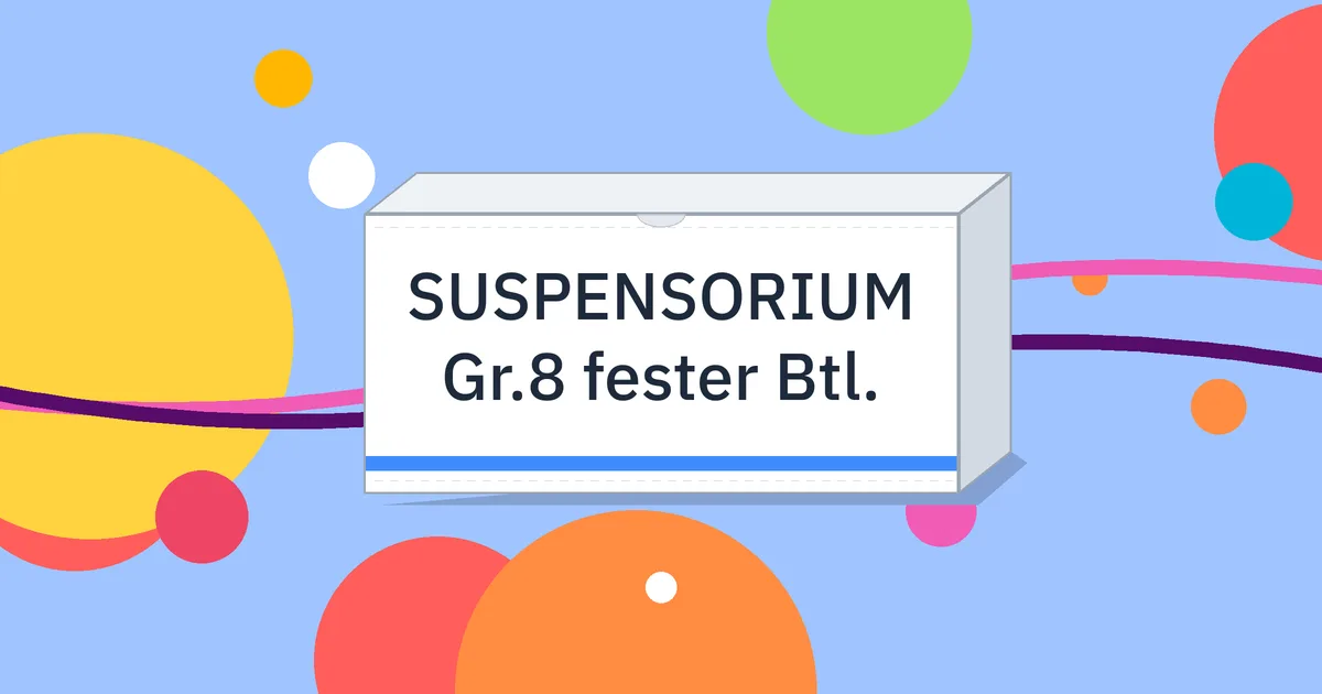 Symbolbild: Packung mit der Aufschrift SUSPENSORIUM Gr.8 fester Btl. (PZN 04865642) – Verfügbarkeit und Bezug in Apotheken in Frankfurt am Main