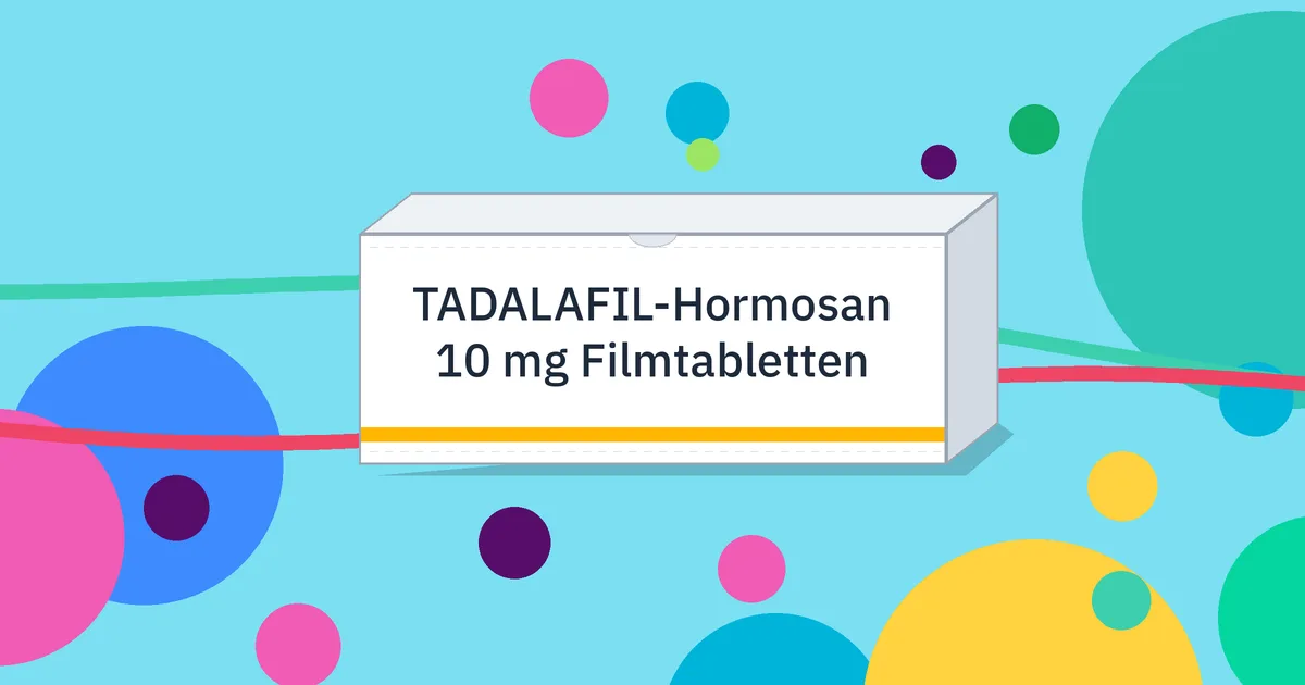 Symbolbild: Packung mit der Aufschrift TADALAFIL-Hormosan 10 mg Filmtabletten (PZN 19411183) – Verfügbarkeit und Bezug in Apotheken in Frankfurt am Main