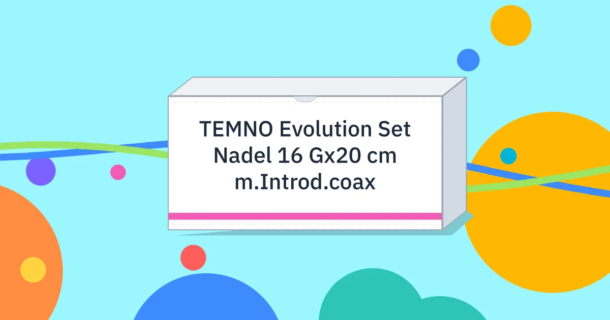 Symbolbild: Packung mit der Aufschrift TEMNO Evolution Set Nadel 16 Gx20 cm m.Introd.coax (PZN 18766033) – Verfügbarkeit und Bezug in Apotheken in Frankfurt am Main