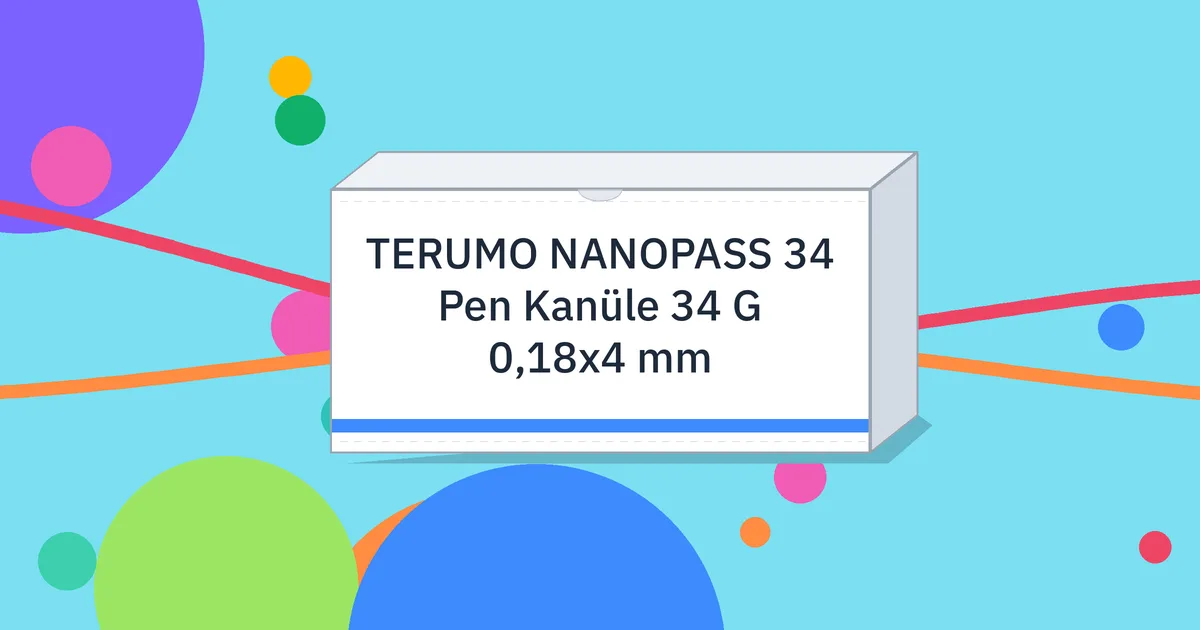 Symbolbild: Packung mit der Aufschrift TERUMO NANOPASS 34 Pen Kanüle 34 G 0,18x4 mm (PZN 09771265) – Verfügbarkeit und Bezug in Apotheken in Frankfurt am Main