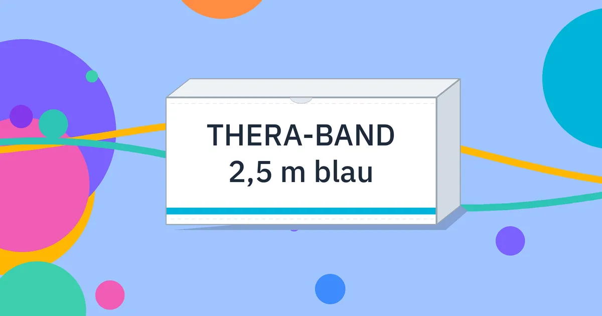 Symbolbild: Packung mit der Aufschrift THERA-BAND 2,5 m blau (PZN 19517177) – Verfügbarkeit und Bezug in Apotheken in Frankfurt am Main