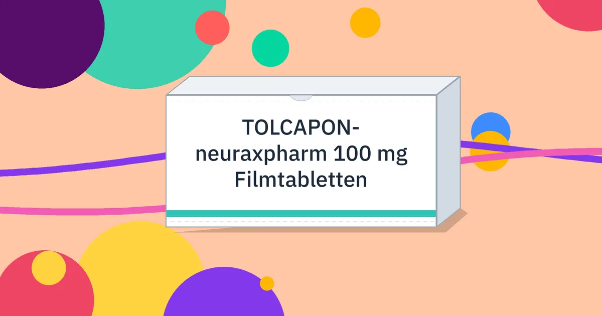 Symbolbild: Packung mit der Aufschrift TOLCAPON-neuraxpharm 100 mg Filmtabletten (PZN 12472129) – Verfügbarkeit und Bezug in Apotheken in Frankfurt am Main