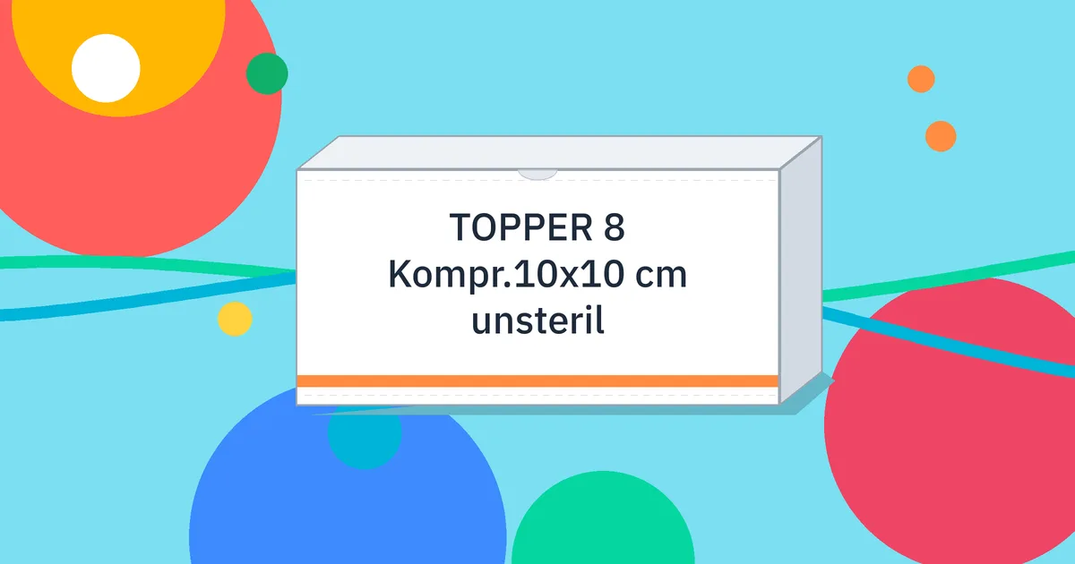 Symbolbild: Packung mit der Aufschrift TOPPER 8 Kompr.10x10 cm unsteril (PZN 05509530) – Verfügbarkeit und Bezug in Apotheken in Frankfurt am Main