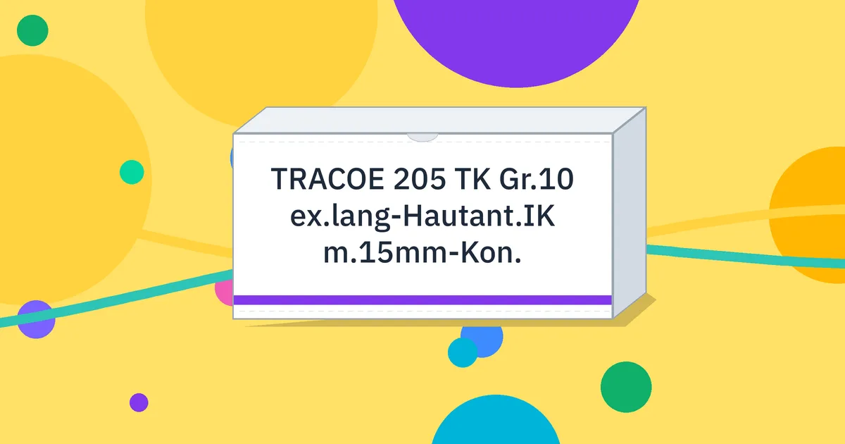 Symbolbild: Packung mit der Aufschrift TRACOE 205 TK Gr.10 ex.lang-Hautant.IK m.15mm-Kon. (PZN 02719936) – Verfügbarkeit und Bezug in Apotheken in Frankfurt am Main