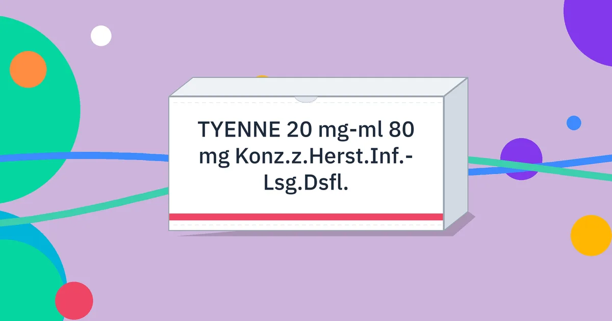 Symbolbild: Packung mit der Aufschrift TYENNE 20 mg-ml 80 mg Konz.z.Herst.Inf.-Lsg.Dsfl. (PZN 19836095) – Verfügbarkeit und Bezug in Apotheken in Frankfurt am Main