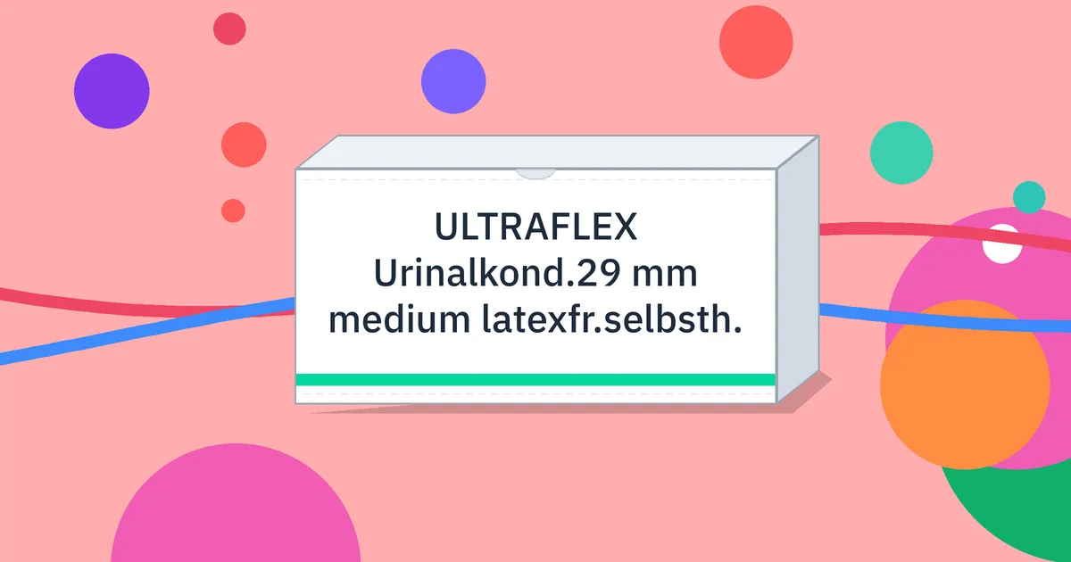 Symbolbild: Packung mit der Aufschrift ULTRAFLEX Urinalkond.29 mm medium latexfr.selbsth. (PZN 00671266) – Verfügbarkeit und Bezug in Apotheken in Frankfurt am Main