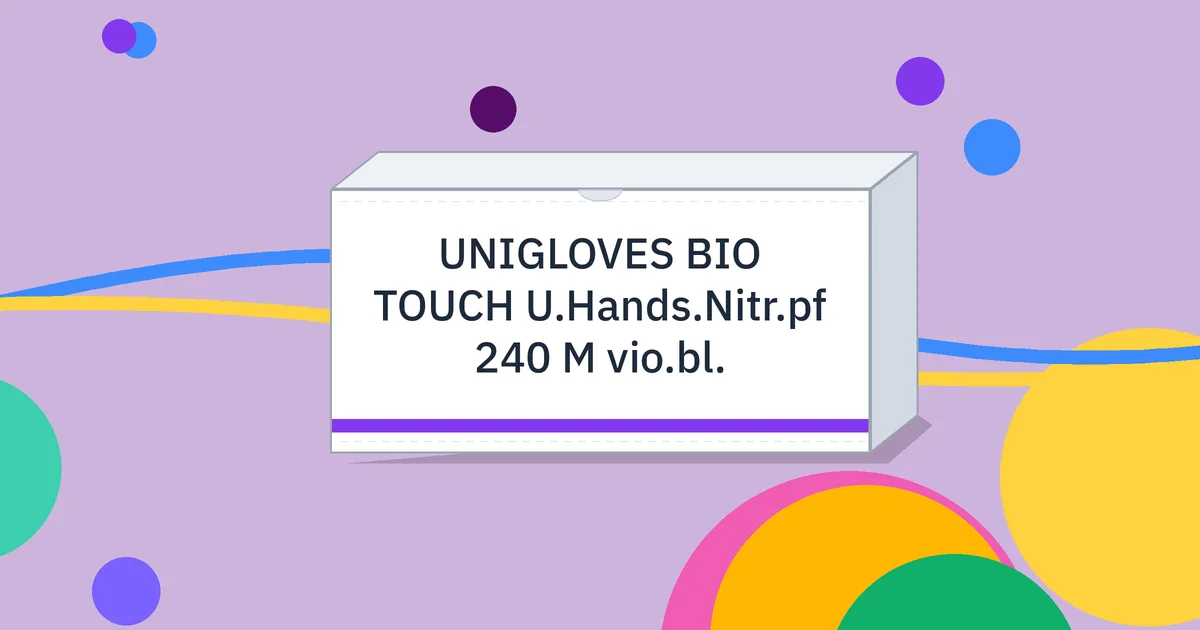 Symbolbild: Packung mit der Aufschrift UNIGLOVES BIO TOUCH U.Hands.Nitr.pf 240 M vio.bl. (PZN 19638449) – Verfügbarkeit und Bezug in Apotheken in Frankfurt am Main