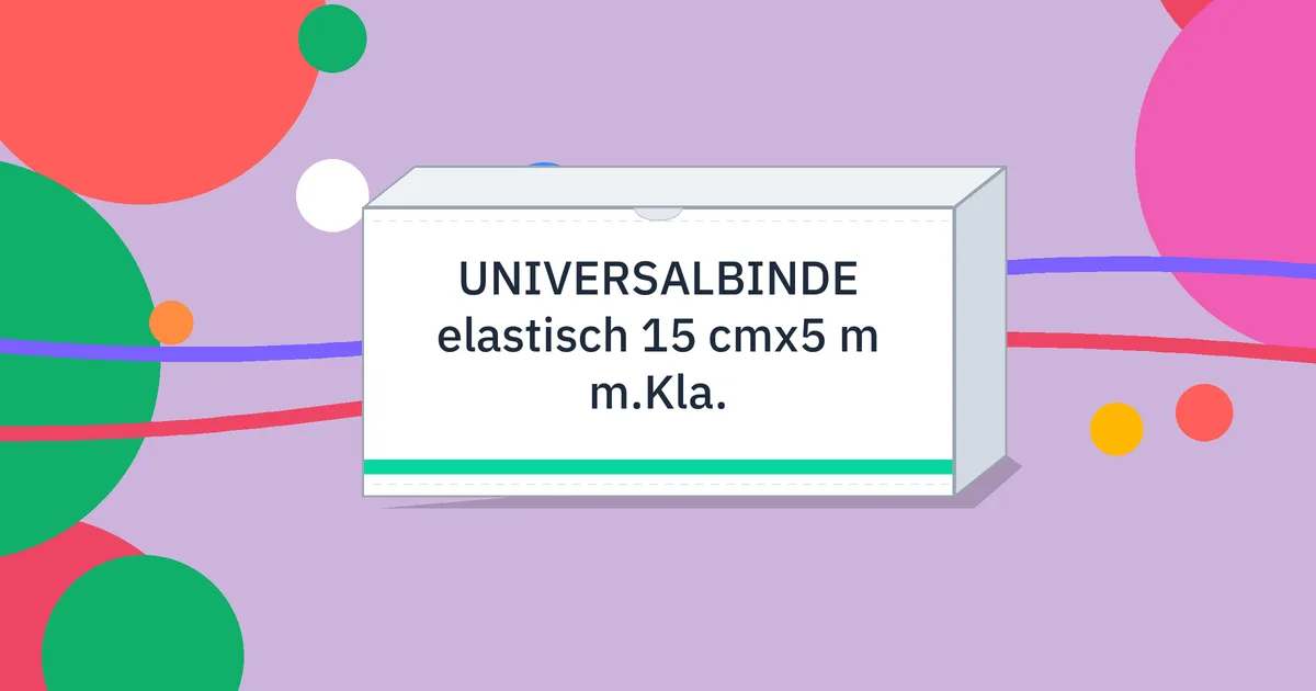 Symbolbild: Packung mit der Aufschrift UNIVERSALBINDE elastisch 15 cmx5 m m.Kla. (PZN 07388361) – Verfügbarkeit und Bezug in Apotheken in Frankfurt am Main