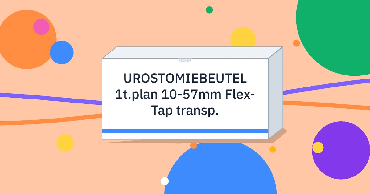 Symbolbild: Packung mit der Aufschrift UROSTOMIEBEUTEL 1t.plan 10-57mm Flex-Tap transp. (PZN 10204904) – Verfügbarkeit und Bezug in Apotheken in Frankfurt am Main