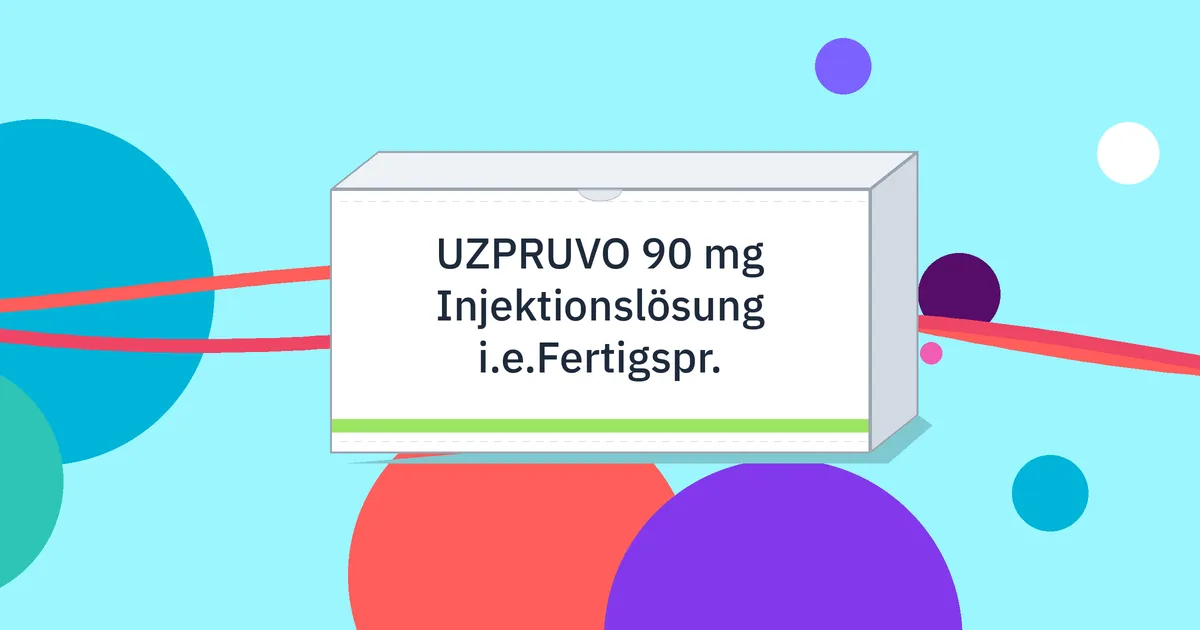 Symbolbild: Packung mit der Aufschrift UZPRUVO 90 mg Injektionslösung i.e.Fertigspr. (PZN 20231807) – Verfügbarkeit und Bezug in Apotheken in Frankfurt am Main