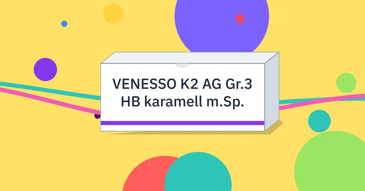 Symbolbild: Packung mit der Aufschrift VENESSO K2 AG Gr.3 HB karamell m.Sp. (PZN 13758224) – Verfügbarkeit und Bezug in Apotheken in Frankfurt am Main