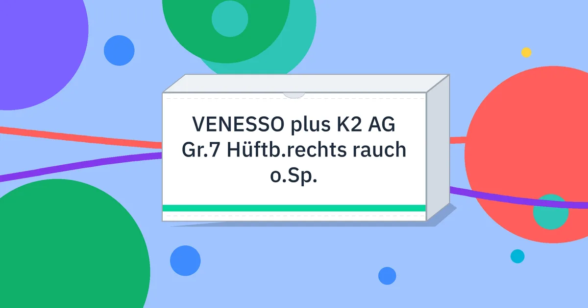 Symbolbild: Packung mit der Aufschrift VENESSO plus K2 AG Gr.7 Hüftb.rechts rauch o.Sp. (PZN 03302948) – Verfügbarkeit und Bezug in Apotheken in Frankfurt am Main