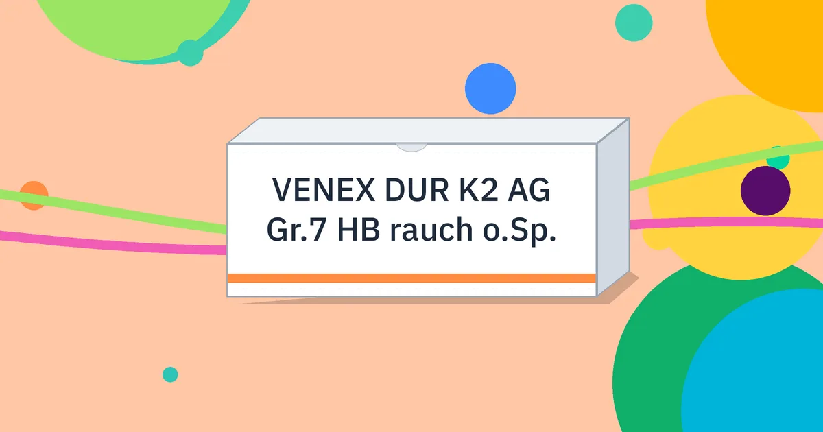 Symbolbild: Packung mit der Aufschrift VENEX DUR K2 AG Gr.7 HB rauch o.Sp. (PZN 03219727) – Verfügbarkeit und Bezug in Apotheken in Frankfurt am Main