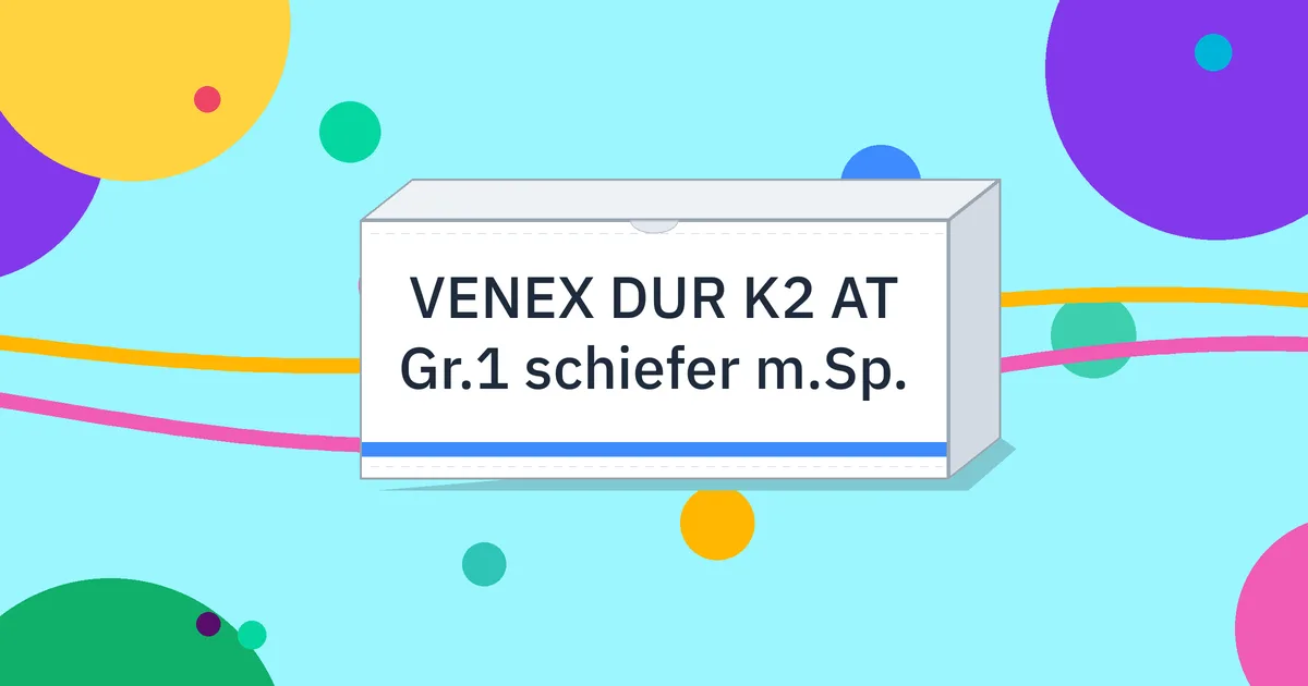 Symbolbild: Packung mit der Aufschrift VENEX DUR K2 AT Gr.1 schiefer m.Sp. (PZN 03222008) – Verfügbarkeit und Bezug in Apotheken in Frankfurt am Main