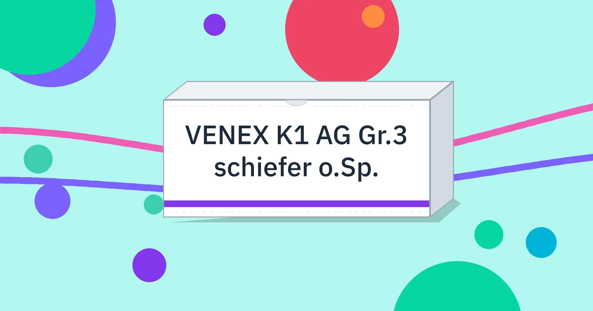 Symbolbild: Packung mit der Aufschrift VENEX K1 AG Gr.3 schiefer o.Sp. (PZN 03189469) – Verfügbarkeit und Bezug in Apotheken in Frankfurt am Main