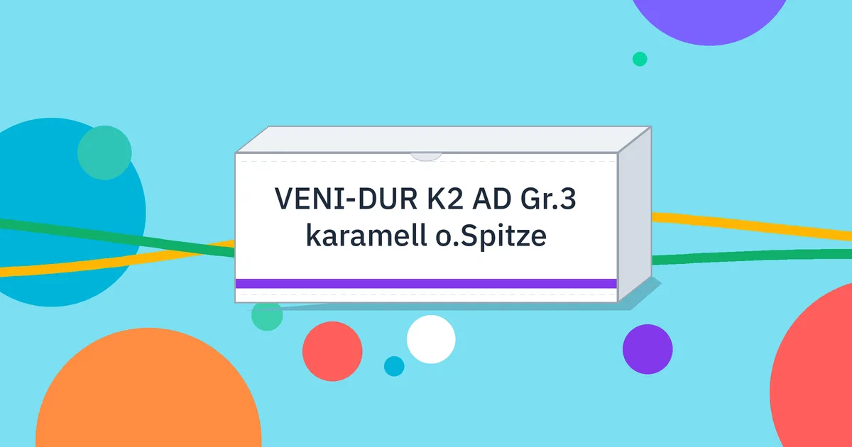 Symbolbild: Packung mit der Aufschrift VENI-DUR K2 AD Gr.3 karamell o.Spitze (PZN 13756283) – Verfügbarkeit und Bezug in Apotheken in Frankfurt am Main