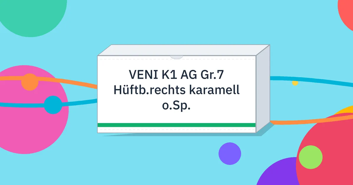 Symbolbild: Packung mit der Aufschrift VENI K1 AG Gr.7 Hüftb.rechts karamell o.Sp. (PZN 13760149) – Verfügbarkeit und Bezug in Apotheken in Frankfurt am Main