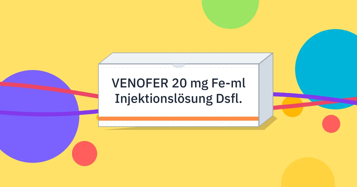 Symbolbild: Packung mit der Aufschrift VENOFER 20 mg Fe-ml Injektionslösung Dsfl. (PZN 03410632) – Verfügbarkeit und Bezug in Apotheken in Frankfurt am Main