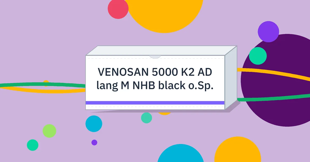 Symbolbild: Packung mit der Aufschrift VENOSAN 5000 K2 AD lang M NHB black o.Sp. (PZN 14433263) – Verfügbarkeit und Bezug in Apotheken in Frankfurt am Main