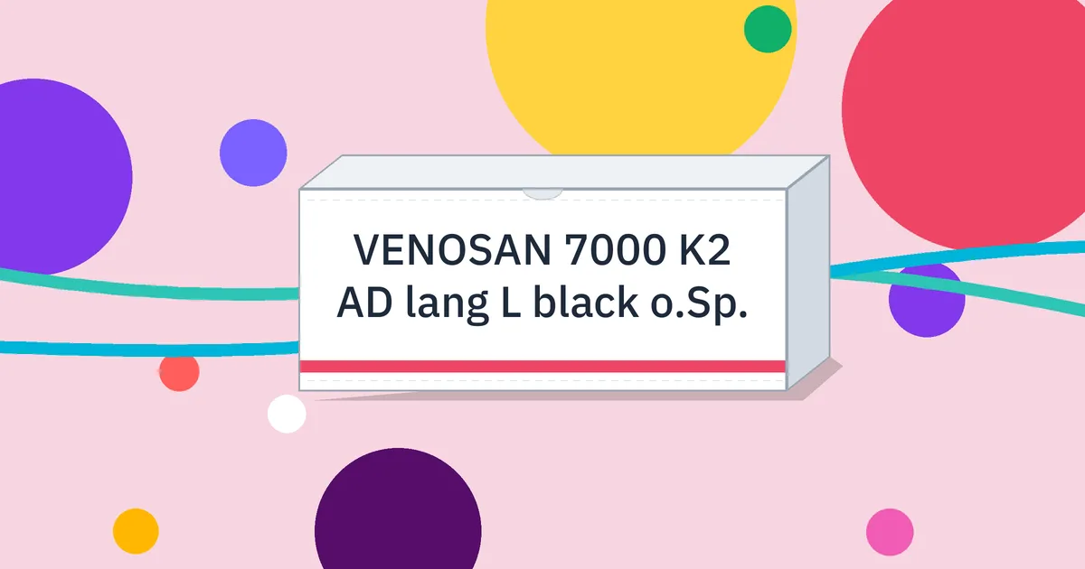 Symbolbild: Packung mit der Aufschrift VENOSAN 7000 K2 AD lang L black o.Sp. (PZN 14435523) – Verfügbarkeit und Bezug in Apotheken in Frankfurt am Main