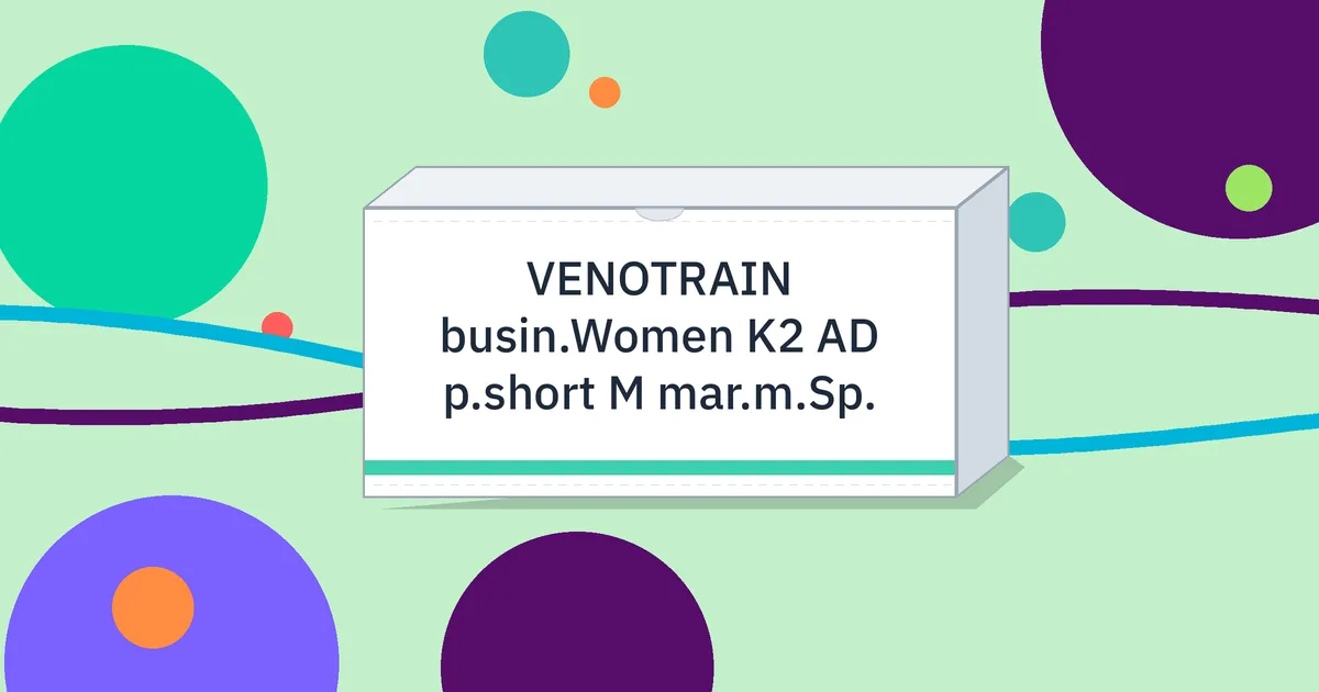 Symbolbild: Packung mit der Aufschrift VENOTRAIN busin.Women K2 AD p.short M mar.m.Sp. (PZN 10195973) – Verfügbarkeit und Bezug in Apotheken in Frankfurt am Main