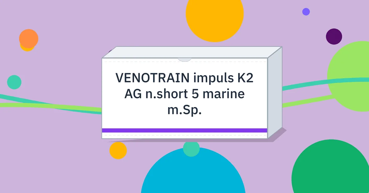 Symbolbild: Packung mit der Aufschrift VENOTRAIN impuls K2 AG n.short 5 marine m.Sp. (PZN 15211702) – Verfügbarkeit und Bezug in Apotheken in Frankfurt am Main