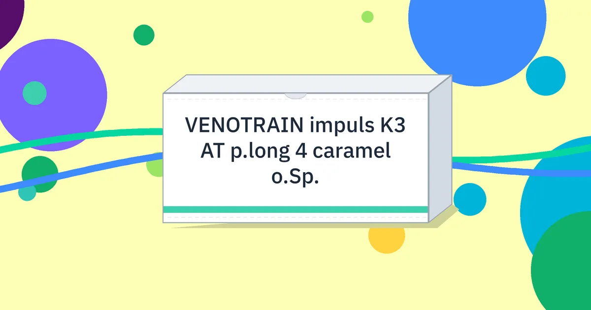 Symbolbild: Packung mit der Aufschrift VENOTRAIN impuls K3 AT p.long 4 caramel o.Sp. (PZN 19355409) – Verfügbarkeit und Bezug in Apotheken in Frankfurt am Main