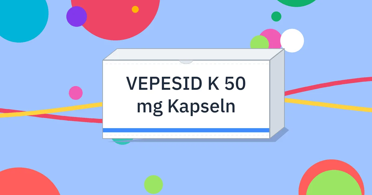 Symbolbild: Packung mit der Aufschrift VEPESID K 50 mg Kapseln (PZN 18659981) – Verfügbarkeit und Bezug in Apotheken in Frankfurt am Main