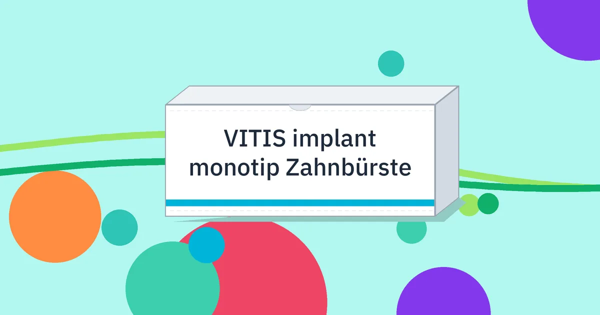 Symbolbild: Packung mit der Aufschrift VITIS implant monotip Zahnbürste (PZN 09426083) – Verfügbarkeit und Bezug in Apotheken in Frankfurt am Main