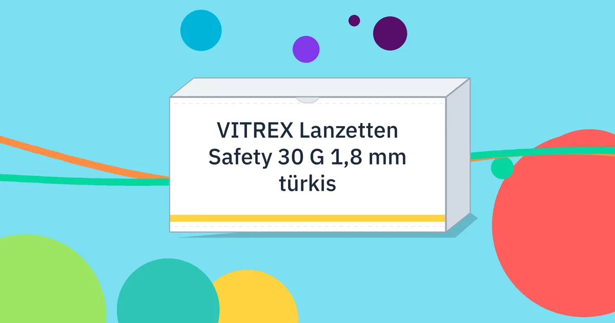 Symbolbild: Packung mit der Aufschrift VITREX Lanzetten Safety 30 G 1,8 mm türkis (PZN 16016948) – Verfügbarkeit und Bezug in Apotheken in Frankfurt am Main