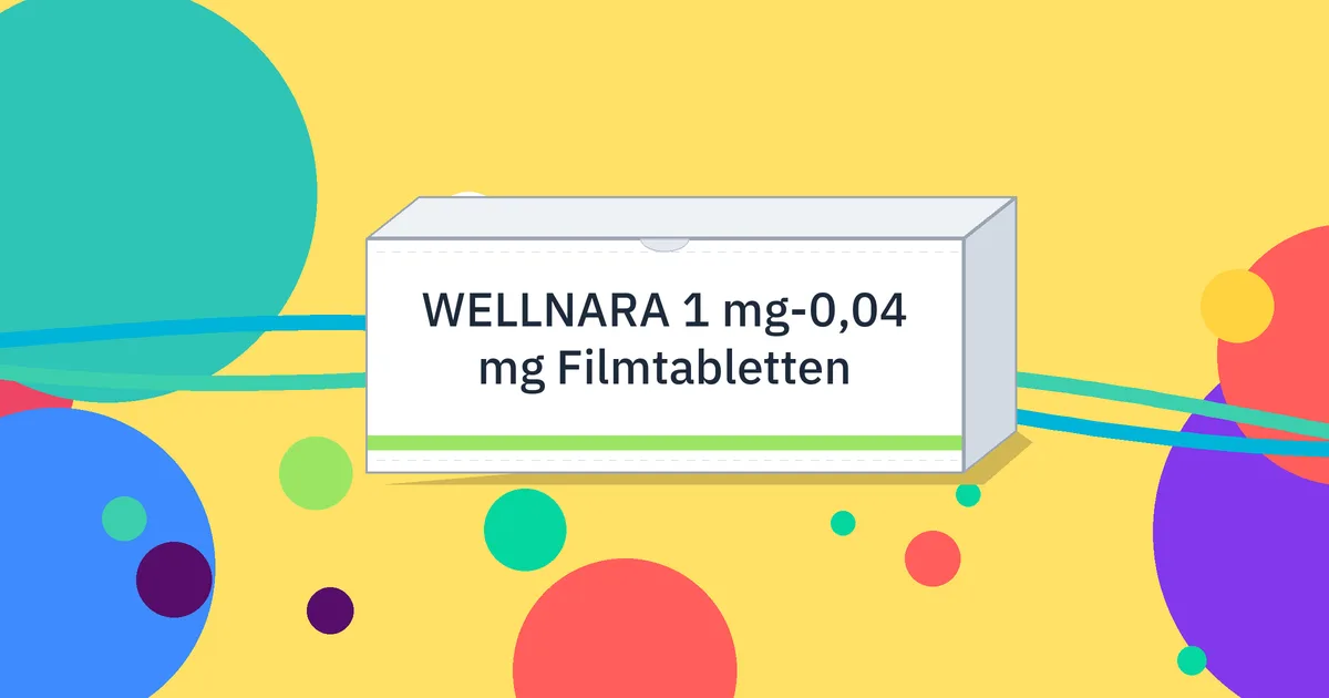 Symbolbild: Packung mit der Aufschrift WELLNARA 1 mg-0,04 mg Filmtabletten (PZN 04675077) – Verfügbarkeit und Bezug in Apotheken in Frankfurt am Main