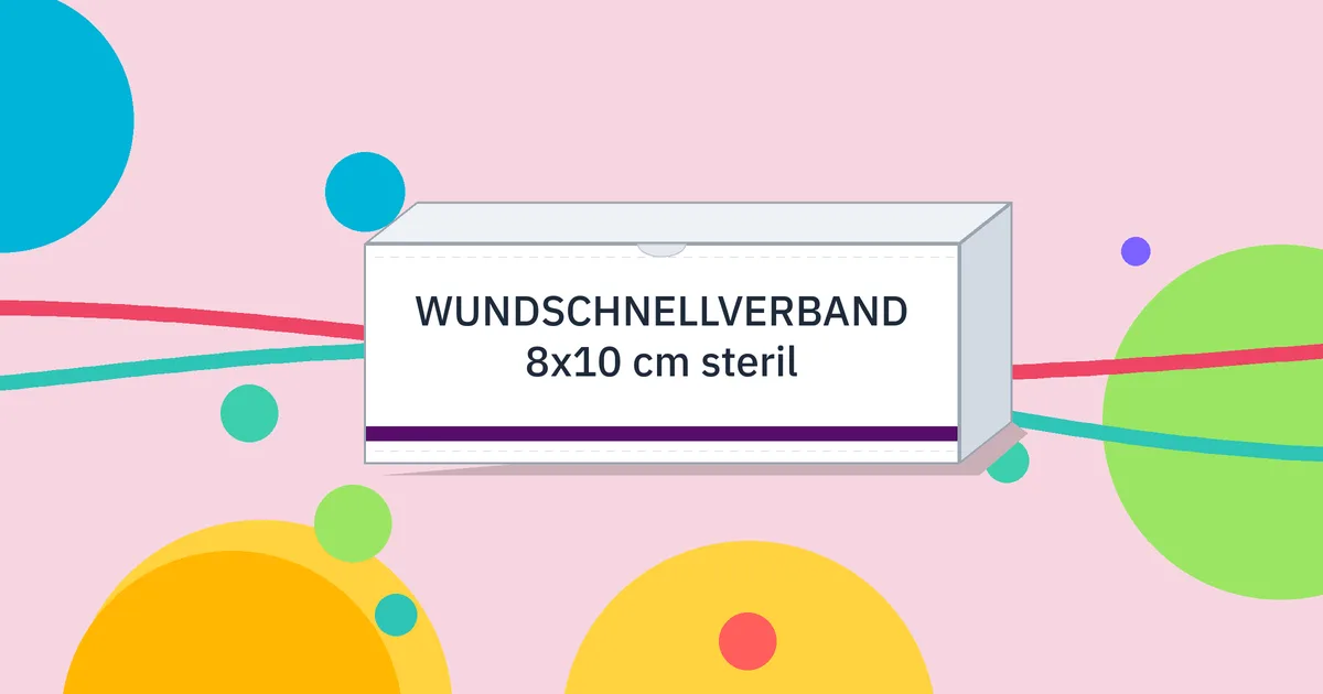 Symbolbild: Packung mit der Aufschrift WUNDSCHNELLVERBAND 8x10 cm steril (PZN 20123621) – Verfügbarkeit und Bezug in Apotheken in Frankfurt am Main