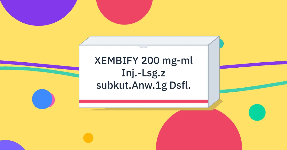 Symbolbild: Packung mit der Aufschrift XEMBIFY 200 mg-ml Inj.-Lsg.z subkut.Anw.1g Dsfl. (PZN 19399097) – Verfügbarkeit und Bezug in Apotheken in Frankfurt am Main