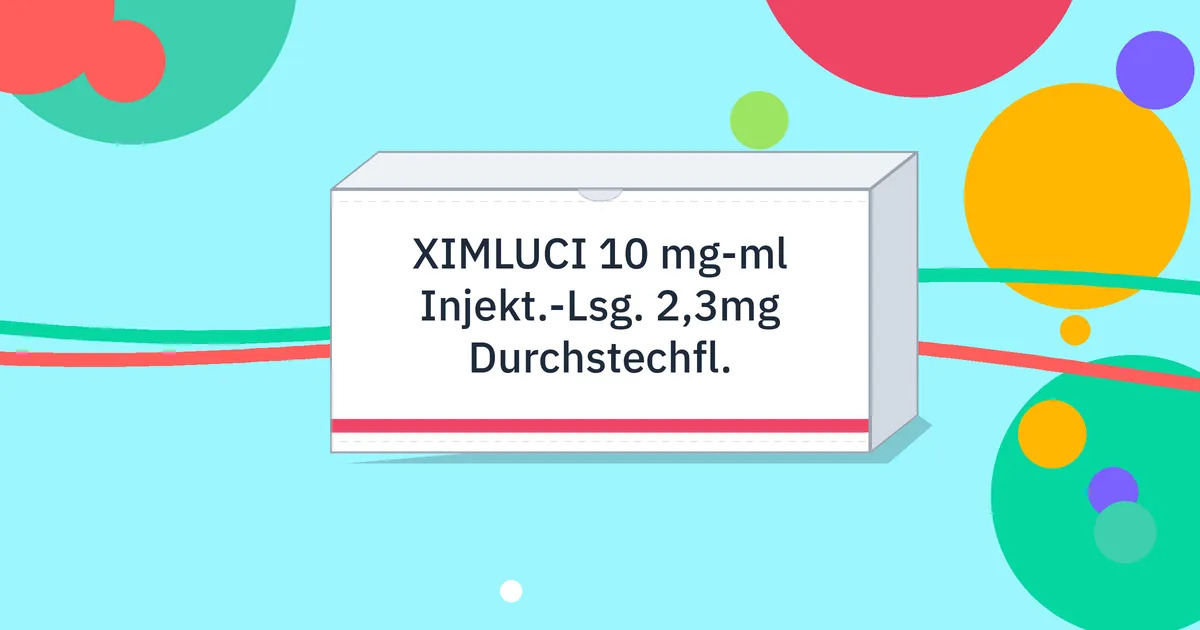 Symbolbild: Packung mit der Aufschrift XIMLUCI 10 mg-ml Injekt.-Lsg. 2,3mg Durchstechfl. (PZN 19439980) – Verfügbarkeit und Bezug in Apotheken in Frankfurt am Main
