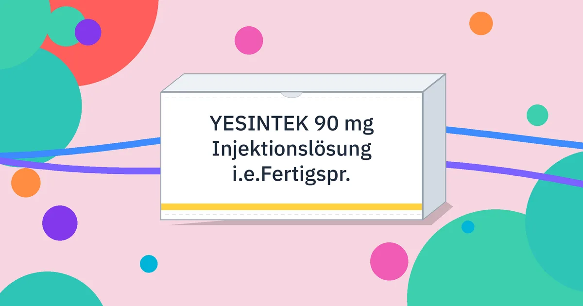 Symbolbild: Packung mit der Aufschrift YESINTEK 90 mg Injektionslösung i.e.Fertigspr. (PZN 20043158) – Verfügbarkeit und Bezug in Apotheken in Frankfurt am Main