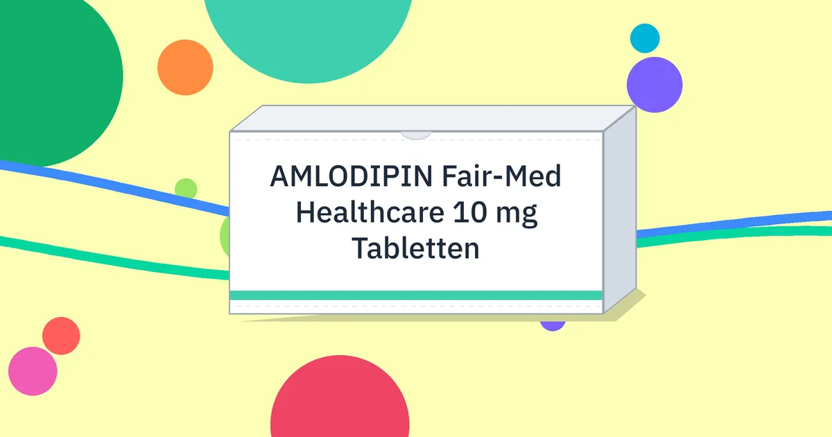 Symbolbild: Packung mit der Aufschrift AMLODIPIN Fair-Med Healthcare 10 mg Tabletten (PZN 10420536) – Verfügbarkeit und Bezug in Apotheken in Frankfurt am Main