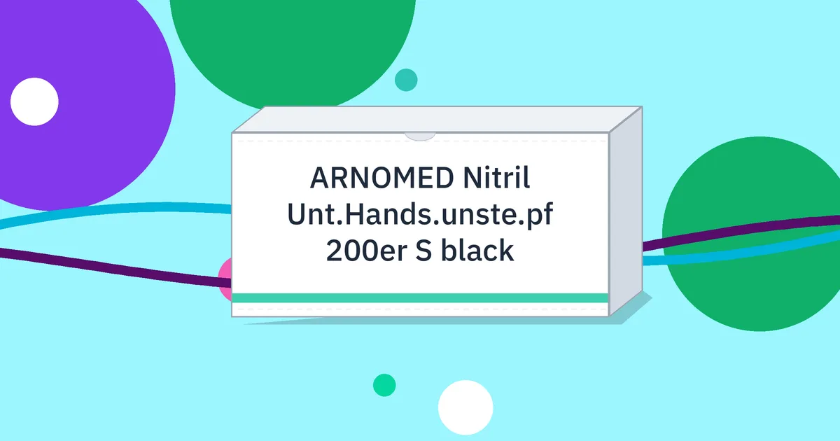 Symbolbild: Packung mit der Aufschrift ARNOMED Nitril Unt.Hands.unste.pf 200er S black (PZN 18253440) – Verfügbarkeit und Bezug in Apotheken in Frankfurt am Main