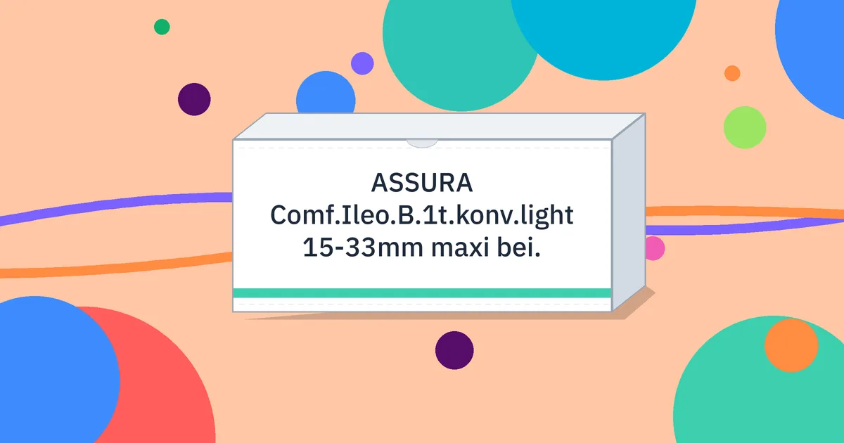 Symbolbild: Packung mit der Aufschrift ASSURA Comf.Ileo.B.1t.konv.light 15-33mm maxi bei. (PZN 02238881) – Verfügbarkeit und Bezug in Apotheken in Frankfurt am Main
