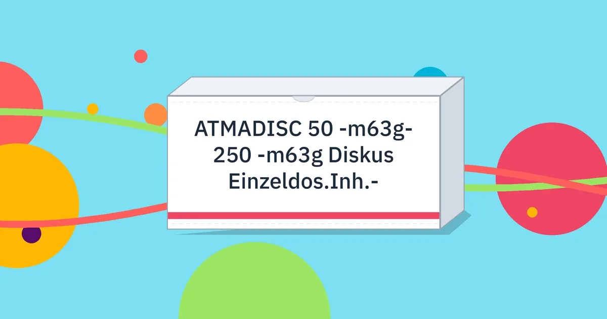 Symbolbild: Packung mit der Aufschrift ATMADISC 50 -m63g-250 -m63g Diskus Einzeldos.Inh.- (PZN 01288434) – Verfügbarkeit und Bezug in Apotheken in Frankfurt am Main