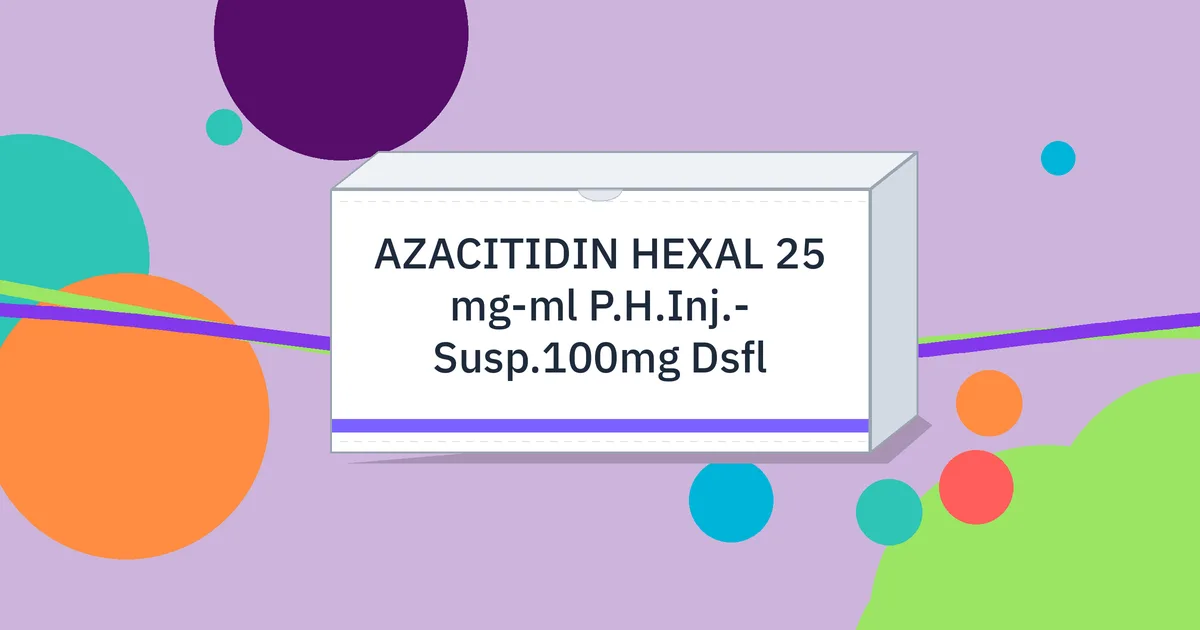 Symbolbild: Packung mit der Aufschrift AZACITIDIN HEXAL 25 mg-ml P.H.Inj.-Susp.100mg Dsfl (PZN 20467303) – Verfügbarkeit und Bezug in Apotheken in Frankfurt am Main