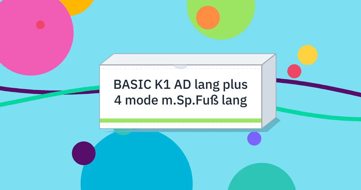 Symbolbild: Packung mit der Aufschrift BASIC K1 AD lang plus 4 mode m.Sp.Fuß lang (PZN 20258545) – Verfügbarkeit und Bezug in Apotheken in Frankfurt am Main