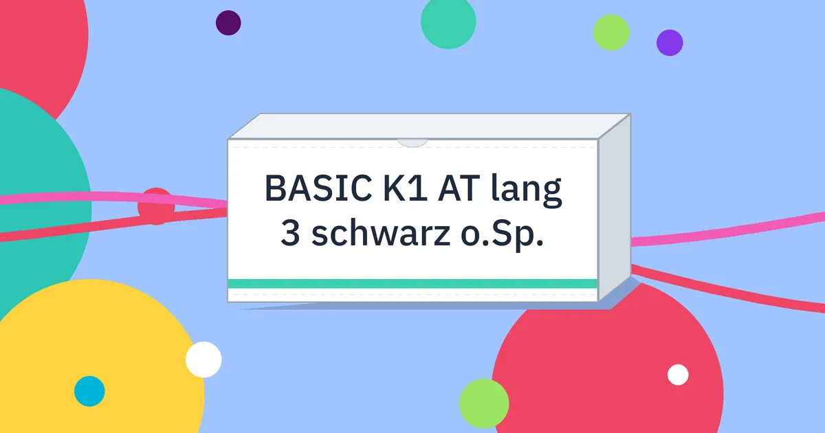 Symbolbild: Packung mit der Aufschrift BASIC K1 AT lang 3 schwarz o.Sp. (PZN 20262506) – Verfügbarkeit und Bezug in Apotheken in Frankfurt am Main