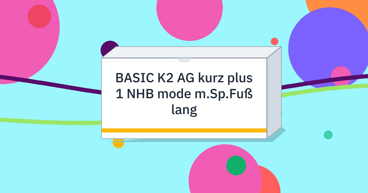 Symbolbild: Packung mit der Aufschrift BASIC K2 AG kurz plus 1 NHB mode m.Sp.Fuß lang (PZN 20266450) – Verfügbarkeit und Bezug in Apotheken in Frankfurt am Main