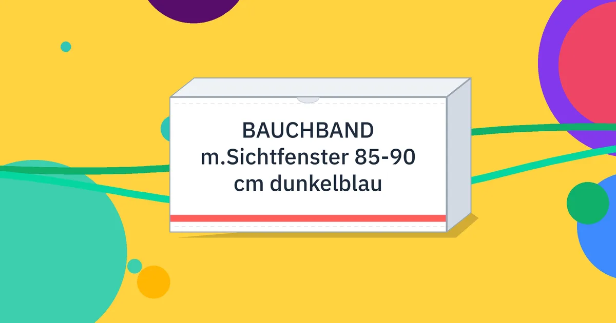 Symbolbild: Packung mit der Aufschrift BAUCHBAND m.Sichtfenster 85-90 cm dunkelblau (PZN 12904178) – Verfügbarkeit und Bezug in Apotheken in Frankfurt am Main