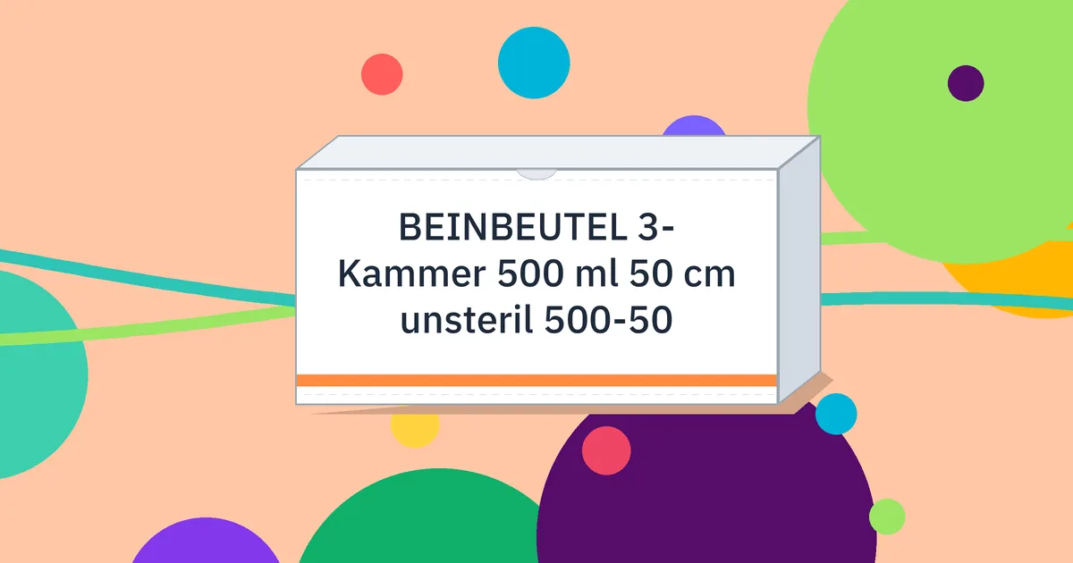 Symbolbild: Packung mit der Aufschrift BEINBEUTEL 3-Kammer 500 ml 50 cm unsteril 500-50 (PZN 09085021) – Verfügbarkeit und Bezug in Apotheken in Frankfurt am Main