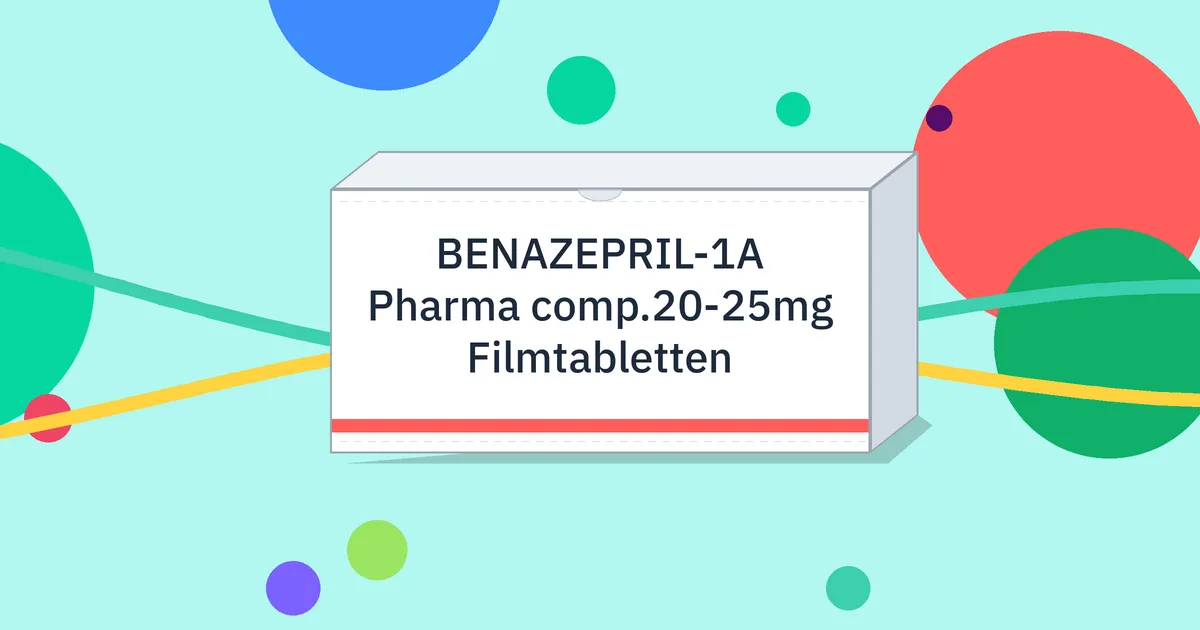 Symbolbild: Packung mit der Aufschrift BENAZEPRIL-1A Pharma comp.20-25mg Filmtabletten (PZN 00165847) – Verfügbarkeit und Bezug in Apotheken in Frankfurt am Main