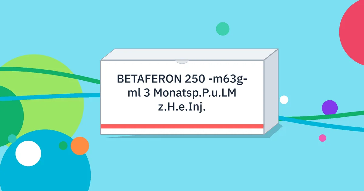 Symbolbild: Packung mit der Aufschrift BETAFERON 250 -m63g-ml 3 Monatsp.P.u.LM z.H.e.Inj. (PZN 17627772) – Verfügbarkeit und Bezug in Apotheken in Frankfurt am Main