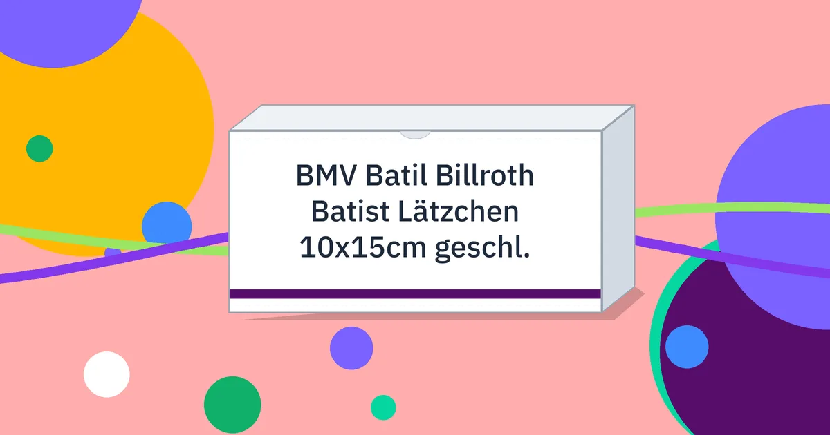 Symbolbild: Packung mit der Aufschrift BMV Batil Billroth Batist Lätzchen 10x15cm geschl. (PZN 15390538) – Verfügbarkeit und Bezug in Apotheken in Frankfurt am Main