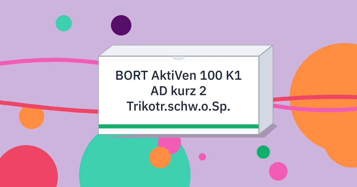 Symbolbild: Packung mit der Aufschrift BORT AktiVen 100 K1 AD kurz 2 Trikotr.schw.o.Sp. (PZN 14386948) – Verfügbarkeit und Bezug in Apotheken in Frankfurt am Main